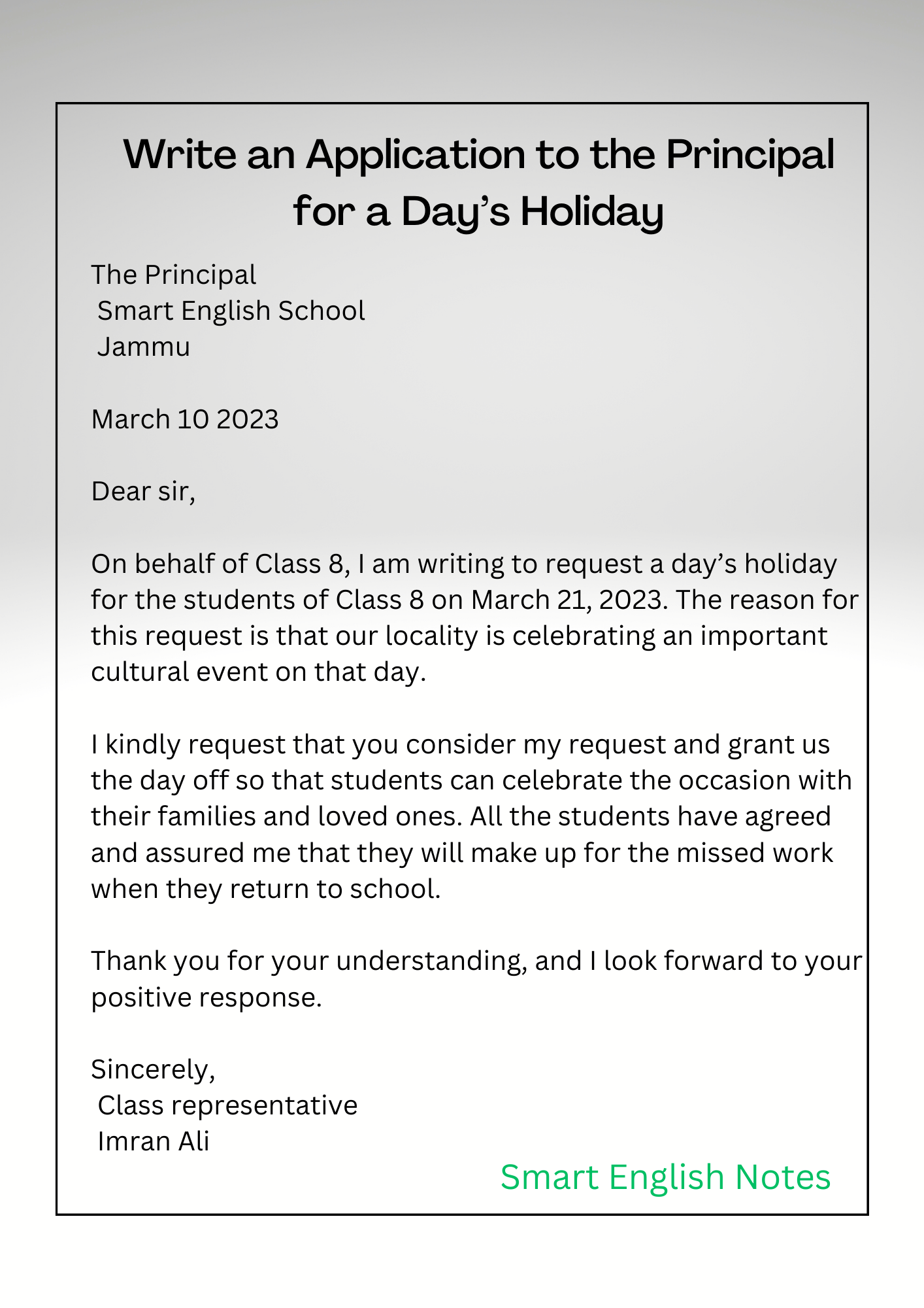 Application To The Principal For A Day s Holiday Smart English Notes Application To The Principal For A Day s Holiday Smart English Notes